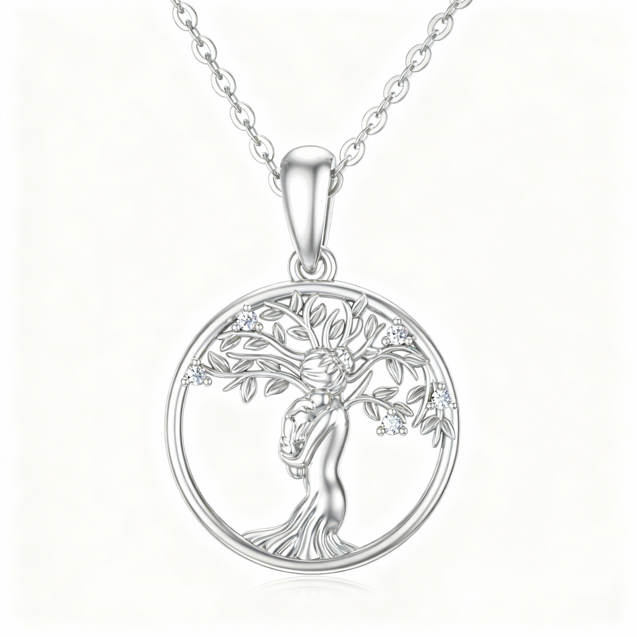 10K White Gold Moissanite Tree Of Life & Mother & Daughter Pendant Necklace